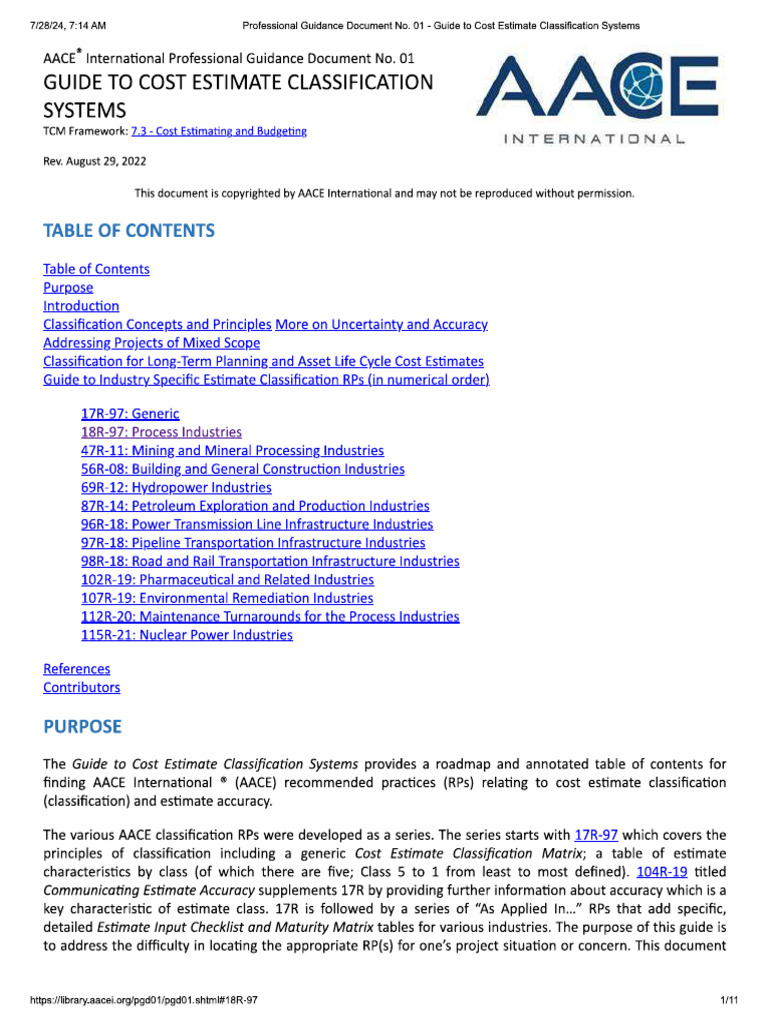 Aace Guide To Cost Estimate Classification Ystems Pdf