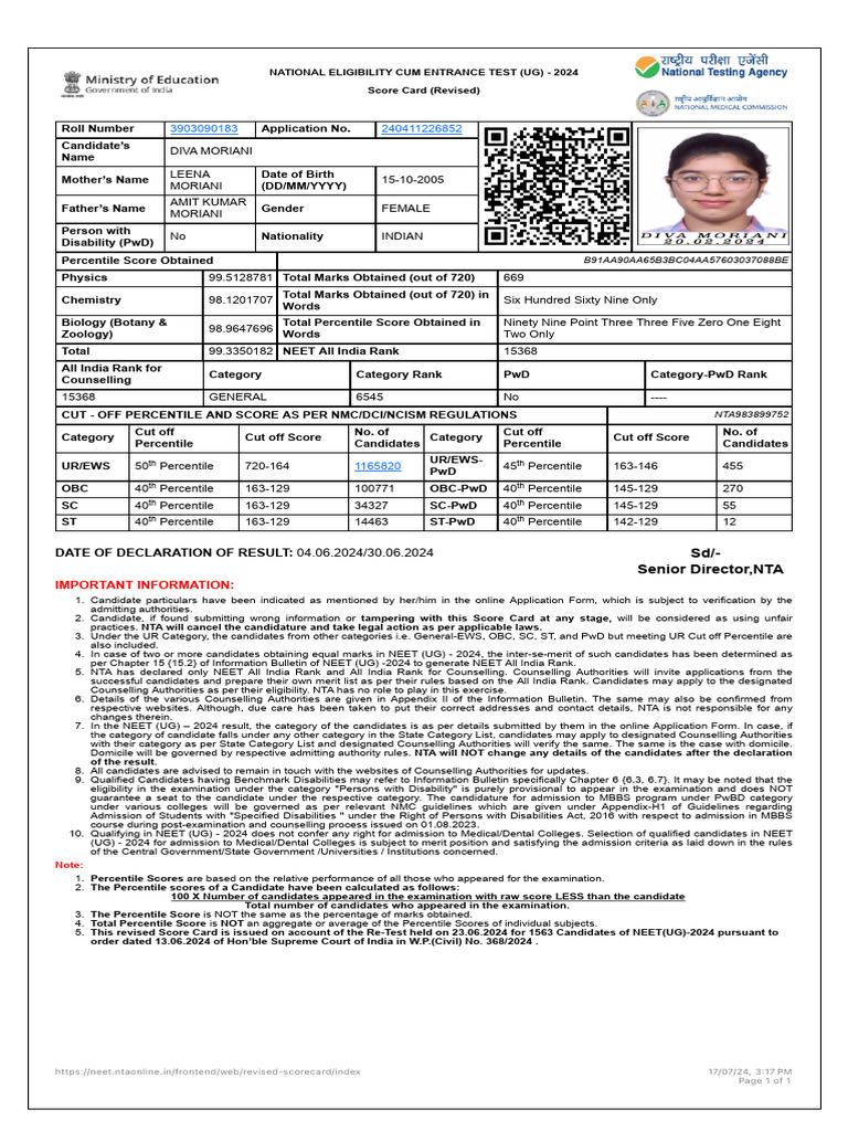 NEET Scorecard | PDF