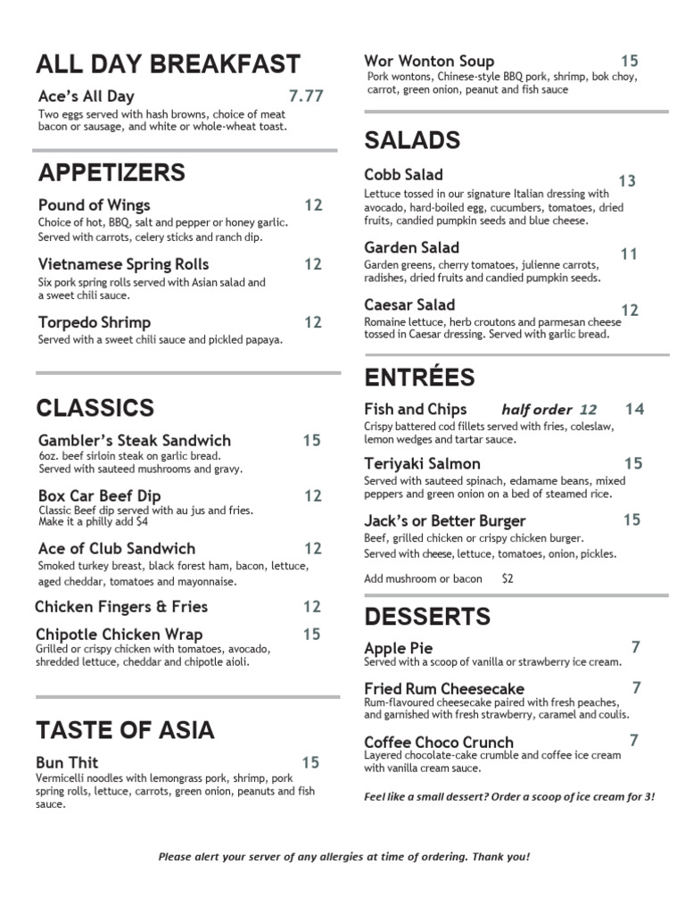 Ace Casino Revised Menu 2021 | PDF | Salad | Hamburgers