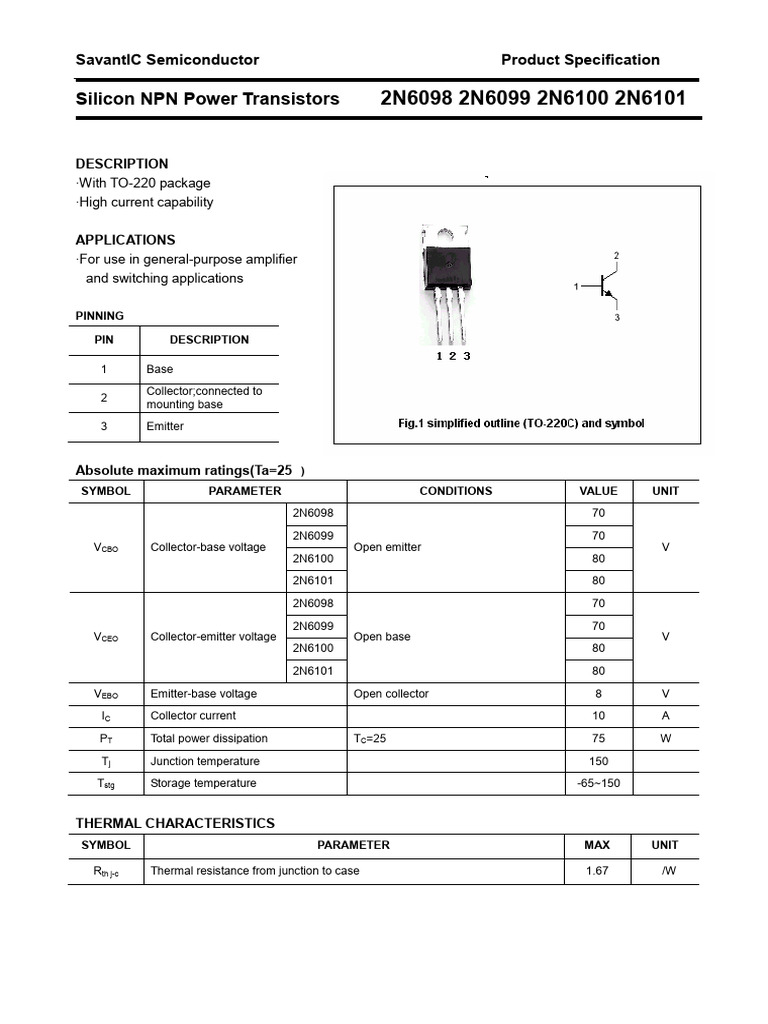 Silicon NPN Power Transistors: 2N6098 2N6099 2N6100 2N6101 | PDF ...