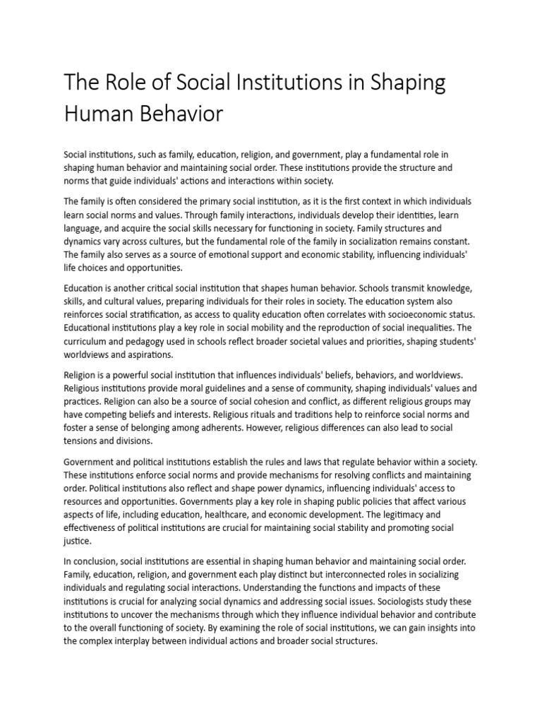 The Role of Social Institutions in Shaping | PDF | Human Behavior | Society
