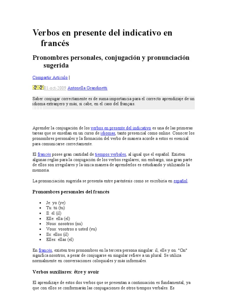 Verbos en presente del indicativo en francés | Idioma francés | Verbo