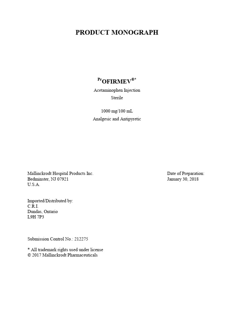 Product Monograph: Ofirmev | PDF | Dose (Biochemistry) | Chemistry