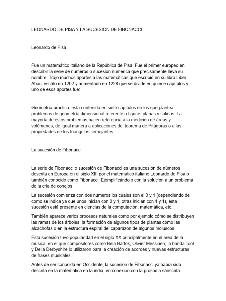 Leonardo de Pisa y La Sucesión de Fibonacci | PDF | Secuencia ...
