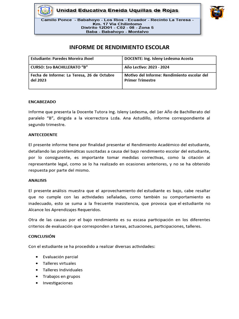 Informe - de - Rendimiento - Escolar - Por Estudiante | PDF | Cognición ...