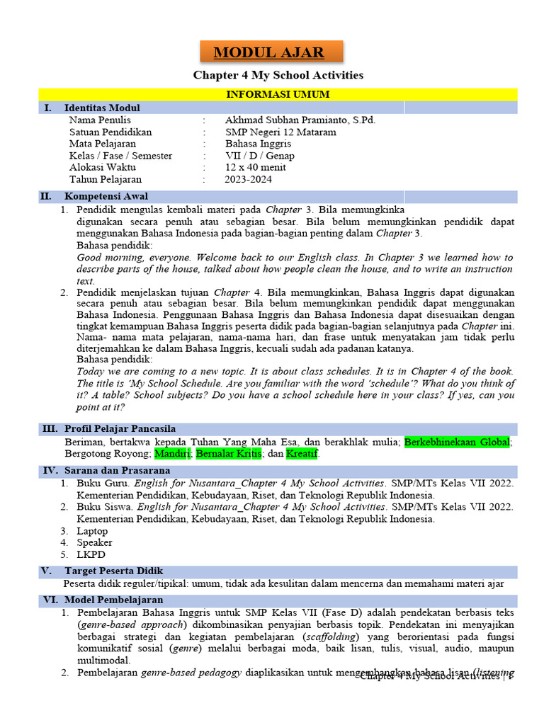 12.1. Modul Ajar Chapter 4 My School Activities | PDF