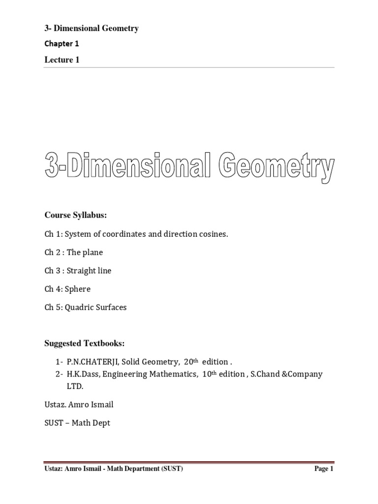 Lect 1 3 Dimensional Geometry Pdf Cartesian Coordinate System Coordinate System