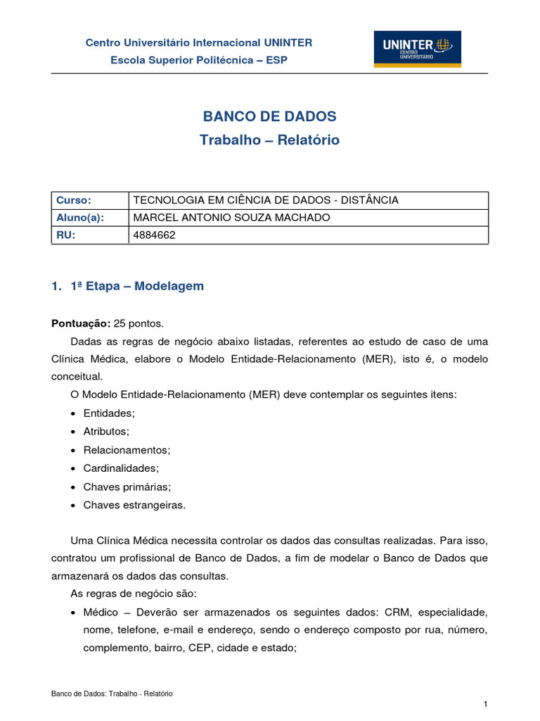 Trabalho - Relatorio - ENTREGAR | PDF | Modelo relacional | SQL