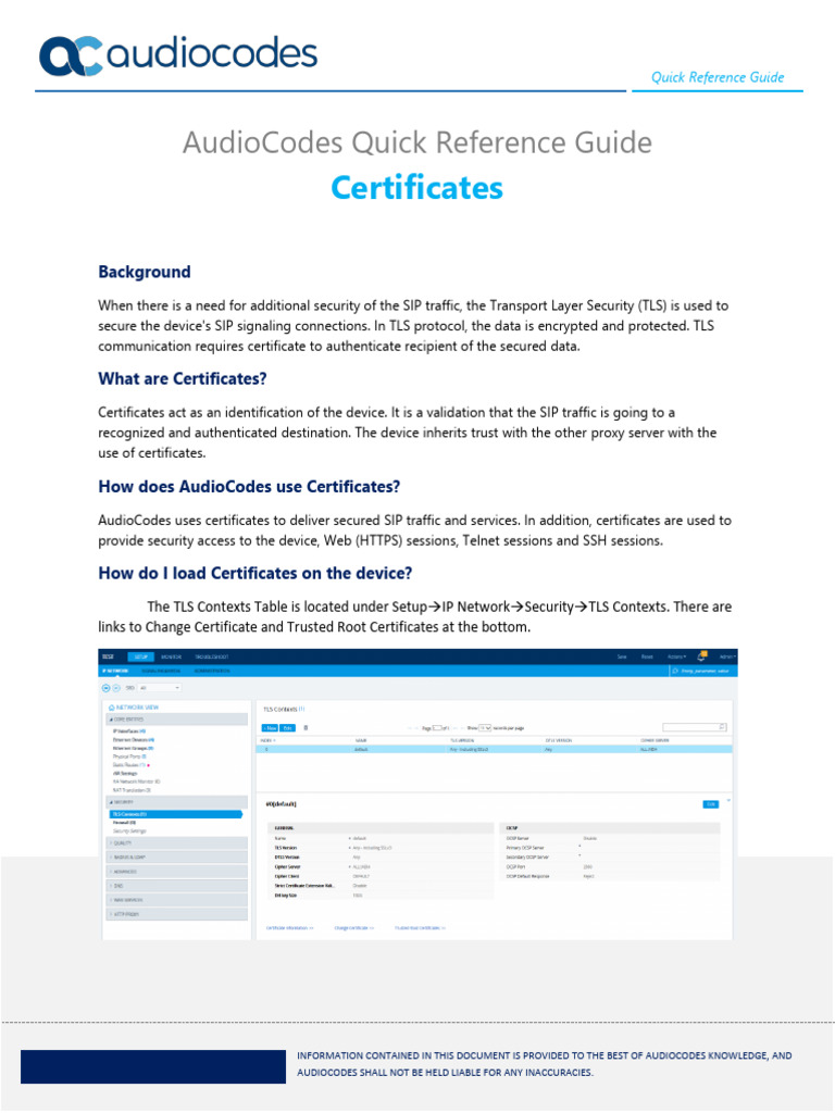 Audiocodes Quick Reference Guide Certificates | PDF | Public Key ...