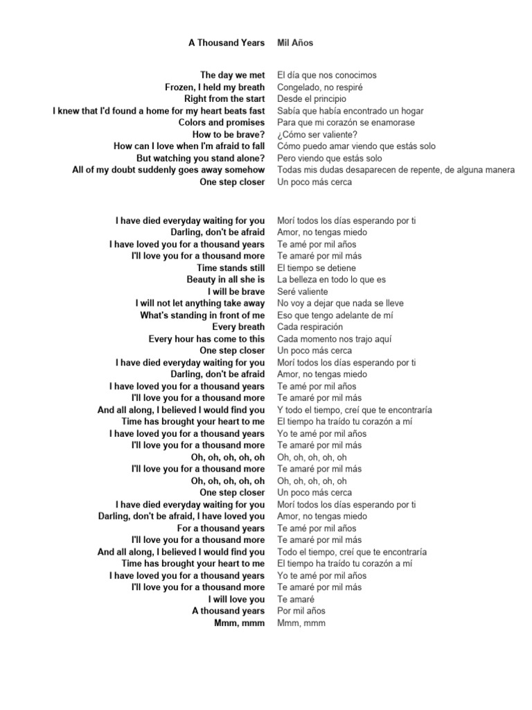 Letra de "A Thousand Years" en español e inglés | PDF | Música grabada ...