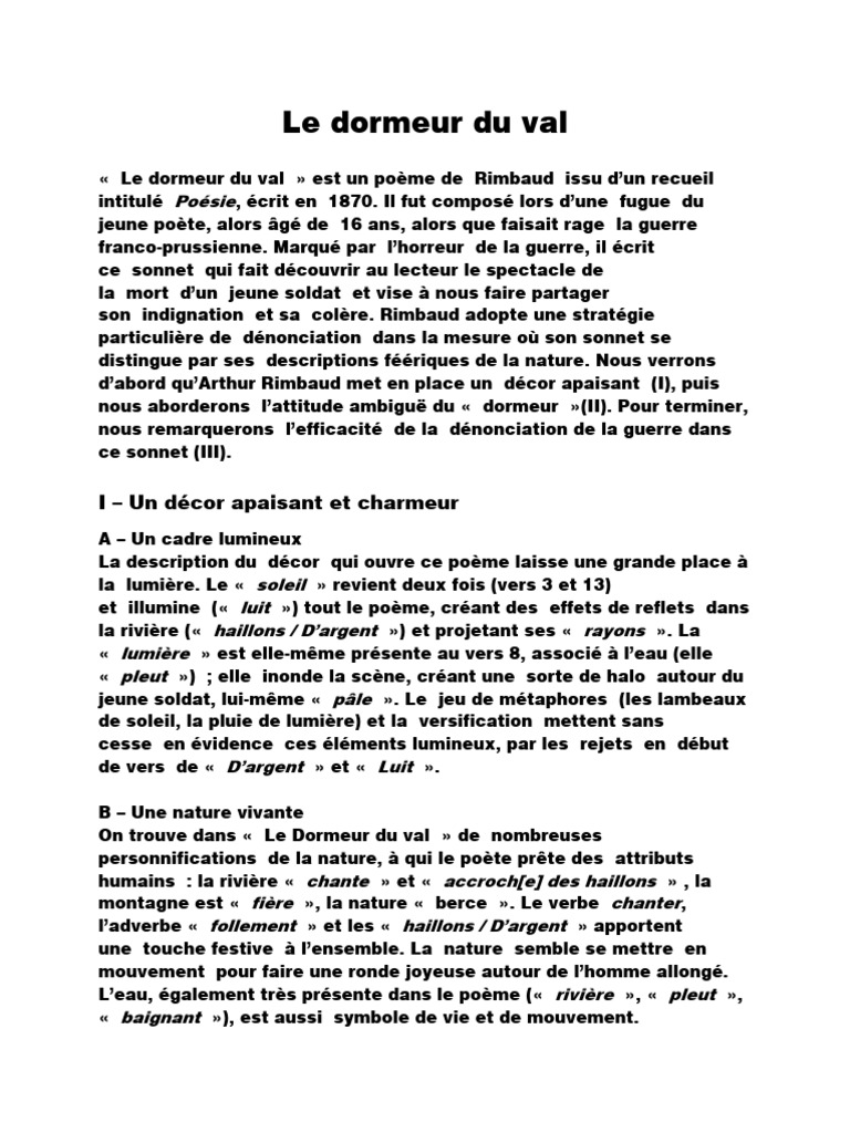 Analyse du poème "Le Dormeur du Val" | PDF | Arthur Rimbaud