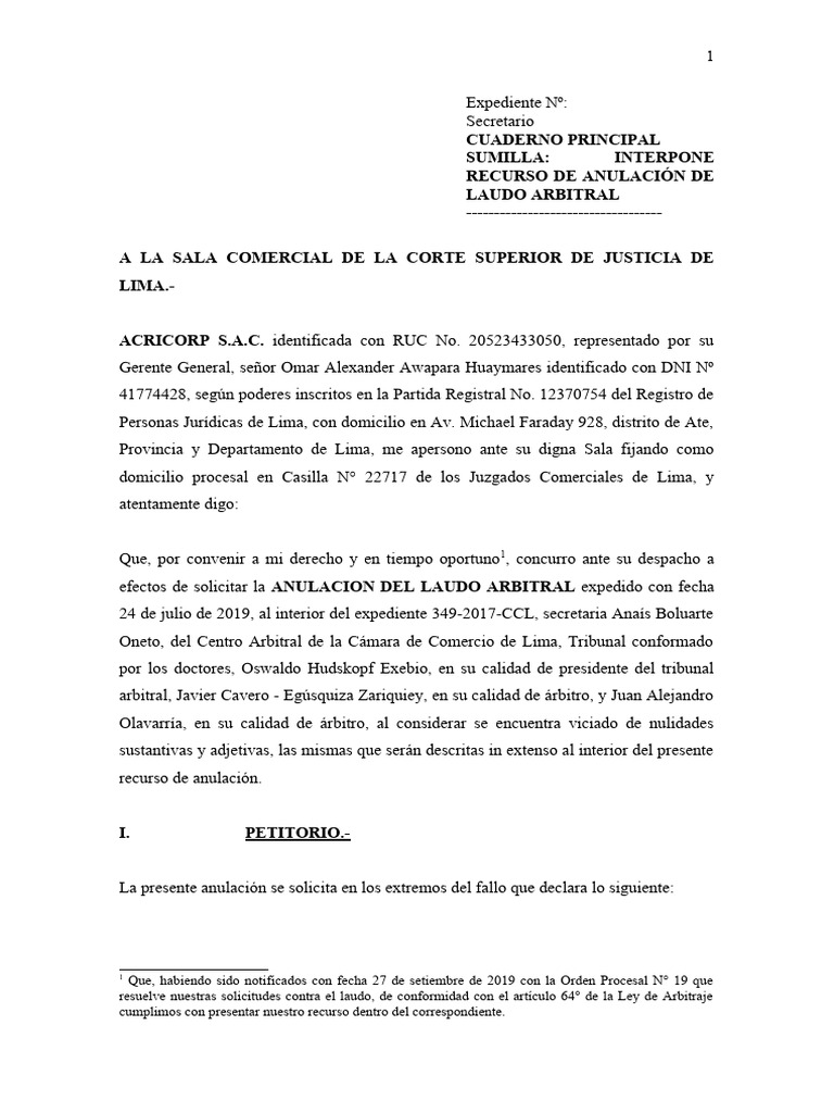 Acricorp- RECURSO DE ANULACION DE LAUDO v3 | PDF | Arbitraje | Debido ... Acricorp- RECURSO DE ANULACION DE LAUDO v3 | PDF | Arbitraje | Debido ...