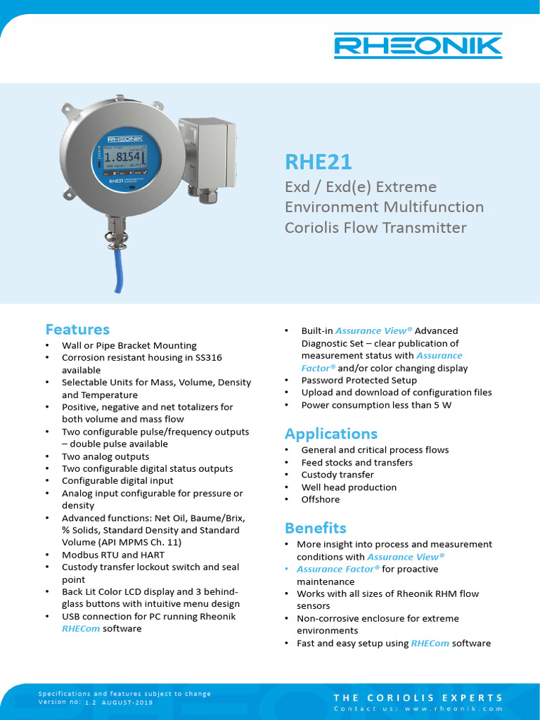 Rheonik Coriolis RHE21 Datasheet | PDF | Density | Flow Measurement