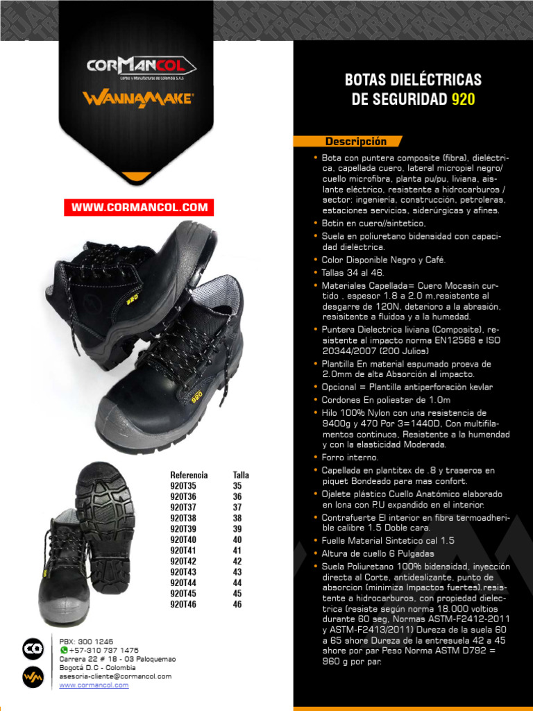 Ficha Tecnica Botas de Seguridad Dielectricas 920 920T35 | PDF | Materiales