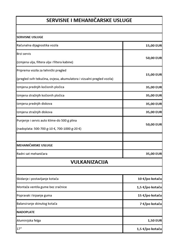 Cjenik Usluga | PDF