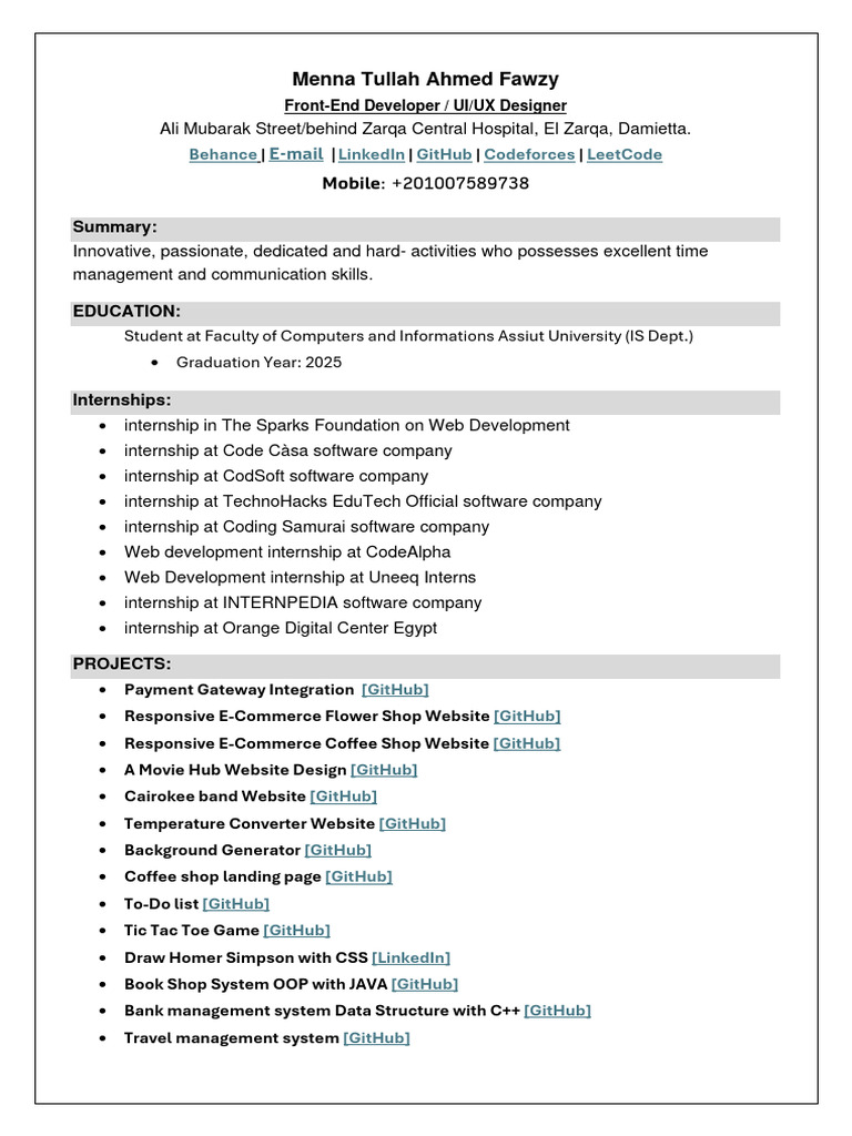 Mennatullah Ahmed Fawzy'Resume | PDF | Web Development | World Wide Web