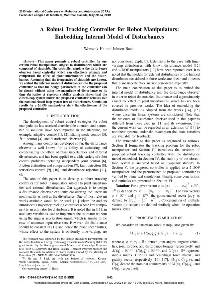 A Robust Tracking Controller For Robot Manipulators Embedding Internal Model Of Disturbances