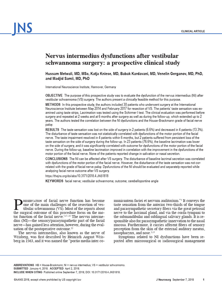 Nervus Intermedius Dysfunctions After Vestibular - 043406 | PDF ...