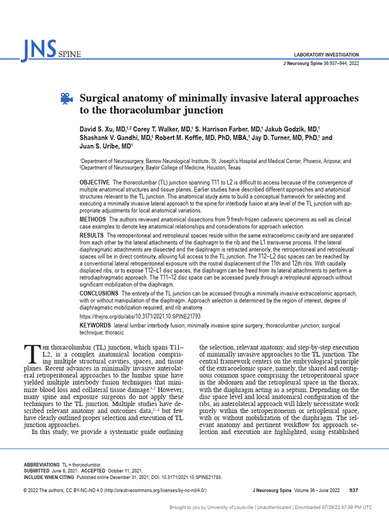 (Journal of Neurosurgery: Spine) Surgical Anatomy of Minimally Invasive Lateral Approaches To ...