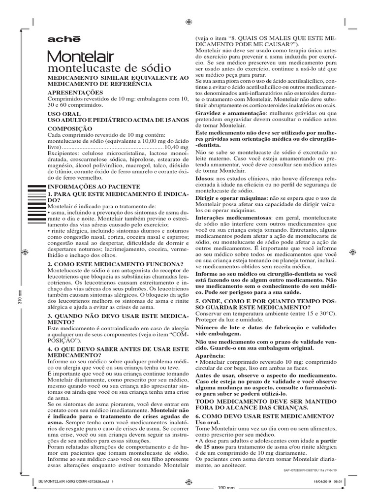 Bula Paciente Montelair 10mg | PDF | Asma | Alergia