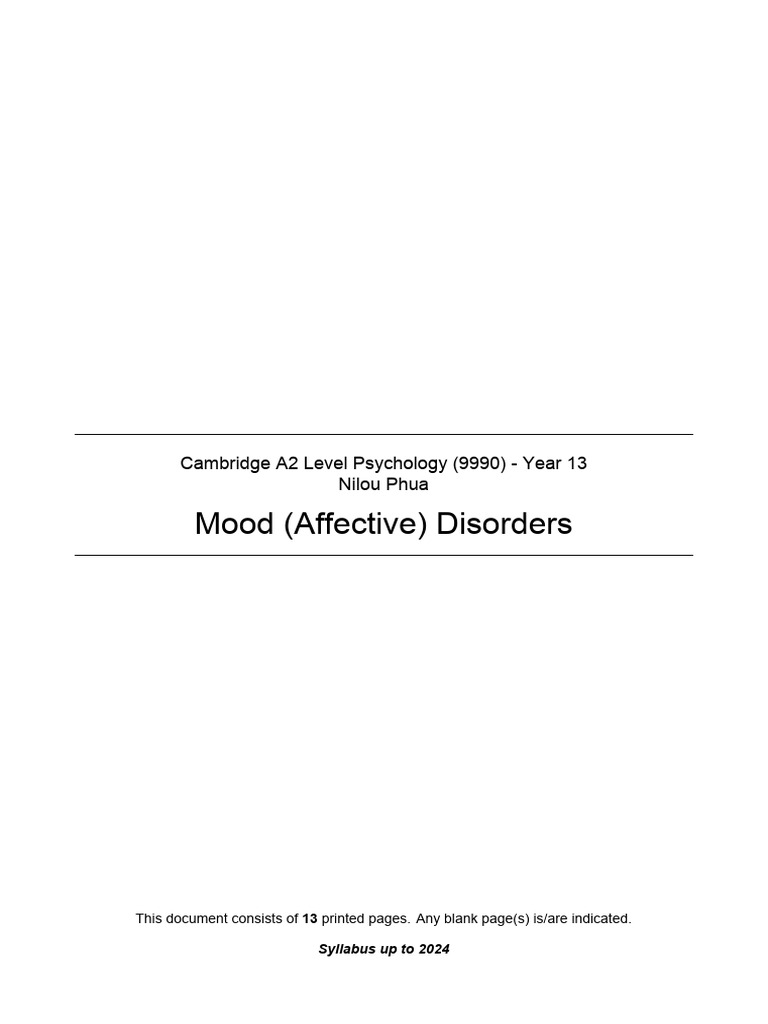 A2 Psychology Mood Affective Disorders | PDF | Major Depressive ...