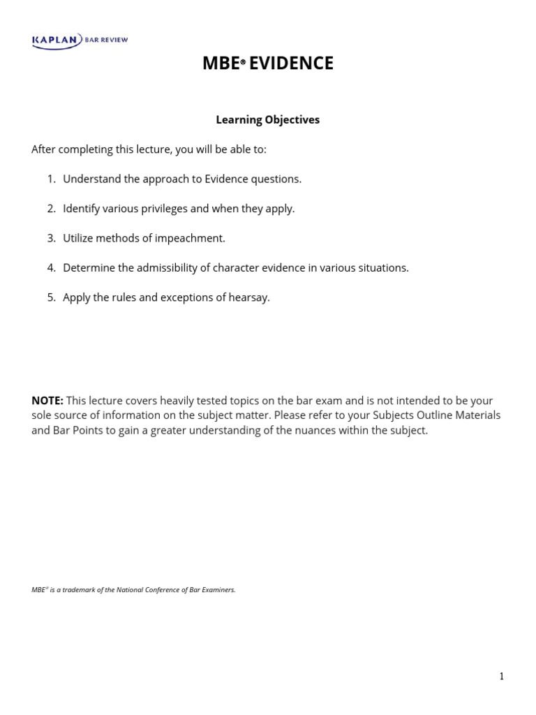 MBE BN Evidence | PDF | Evidence (Law) | Witness Impeachment