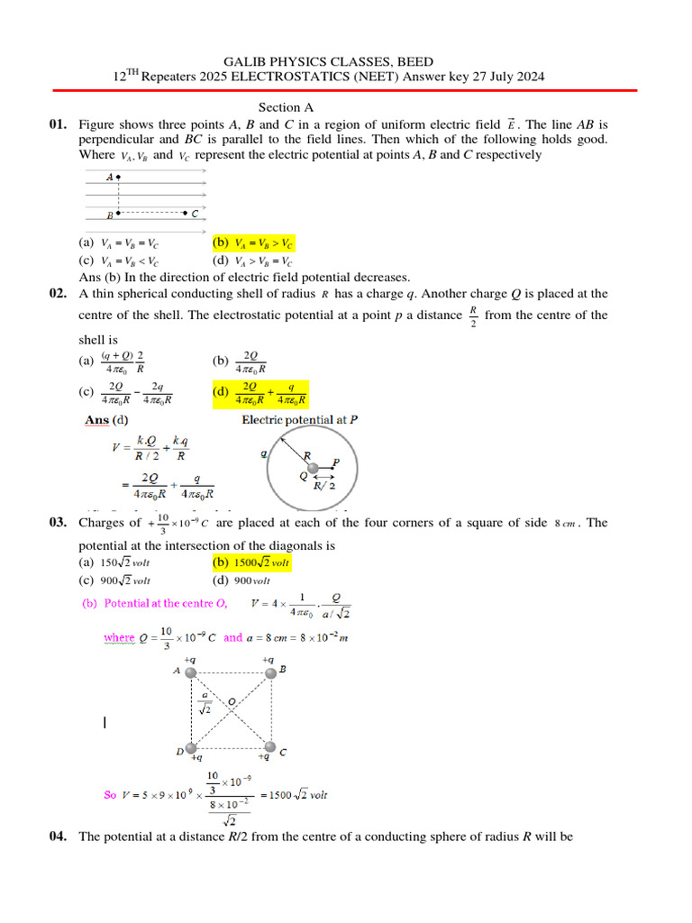 07) Electrostatics - NEET REPEATER - 27 - July - 2024 Answer Key | PDF | Electronvolt | Force