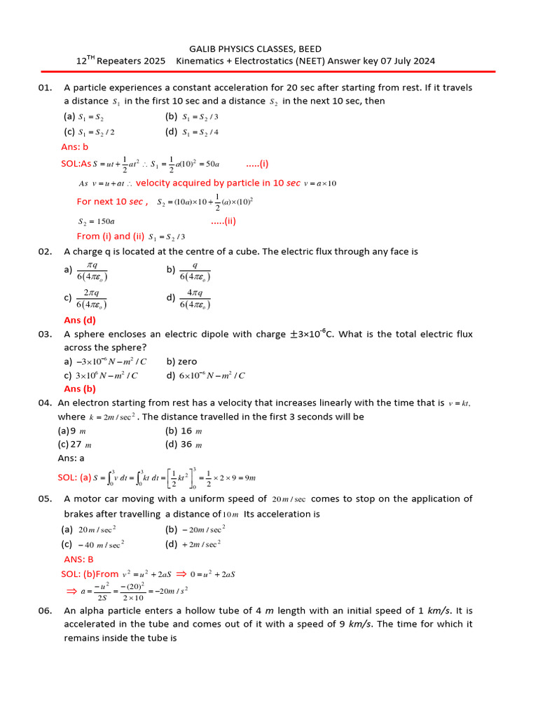 04) Kinematics + Electric Field - Neet Repeater - 07 - July - 2024 ...