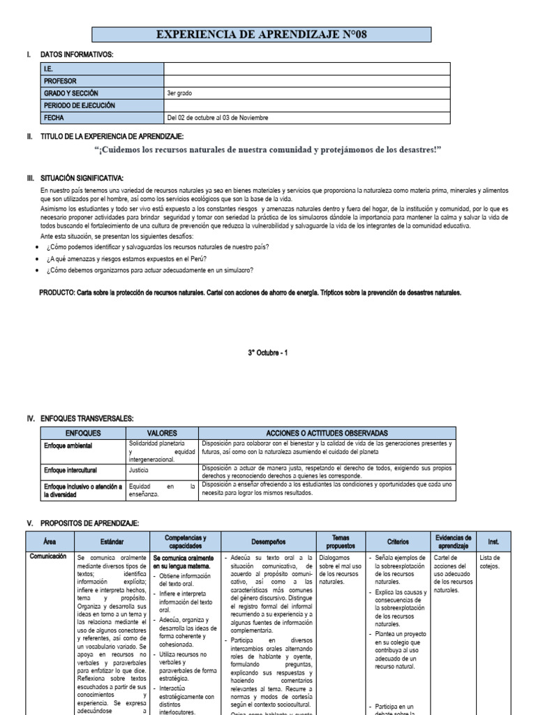 3° Grado - Experiencia de Aprendizaje N°08 | PDF | Sustracción | Multiplicación