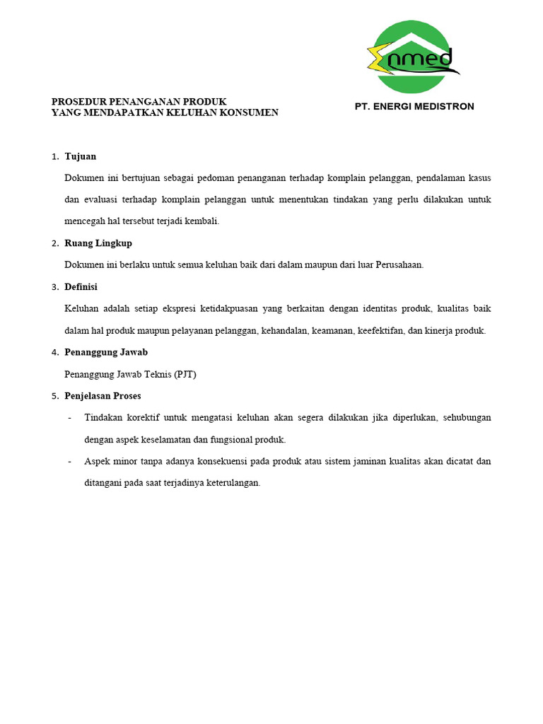 Pt. Energi Medistron Prosedur Penanganan Produk Yang Mendapatkan ...