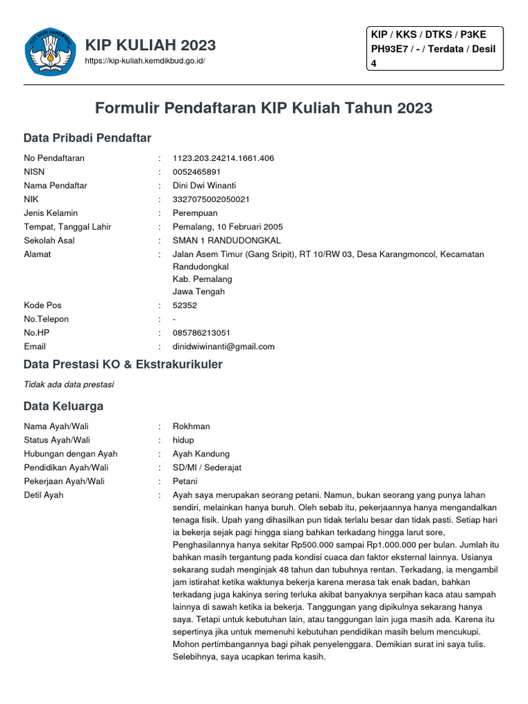 Formulir Peserta KIP Kuliah 2024 | PDF