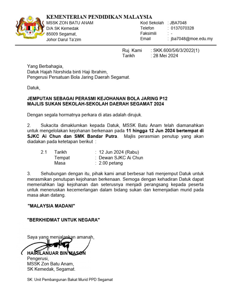 Surat Jemput Perasmian Penutup Bola Jaring MSSD 2024 | PDF