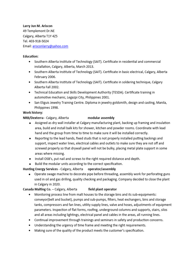 Resume CNRL Horizon Entry Level Operator | PDF | Pump | Valve