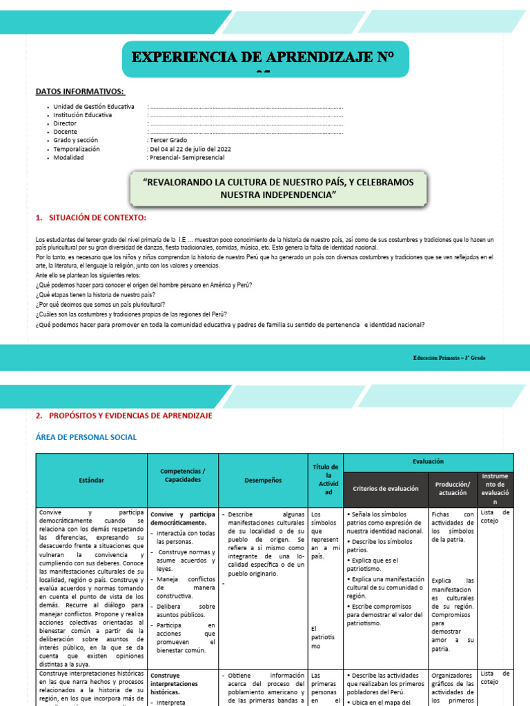 EXPERIENCIA DE APRENDIZAJE 5 3º 2022 | Descargar gratis PDF | Evaluación | Perú