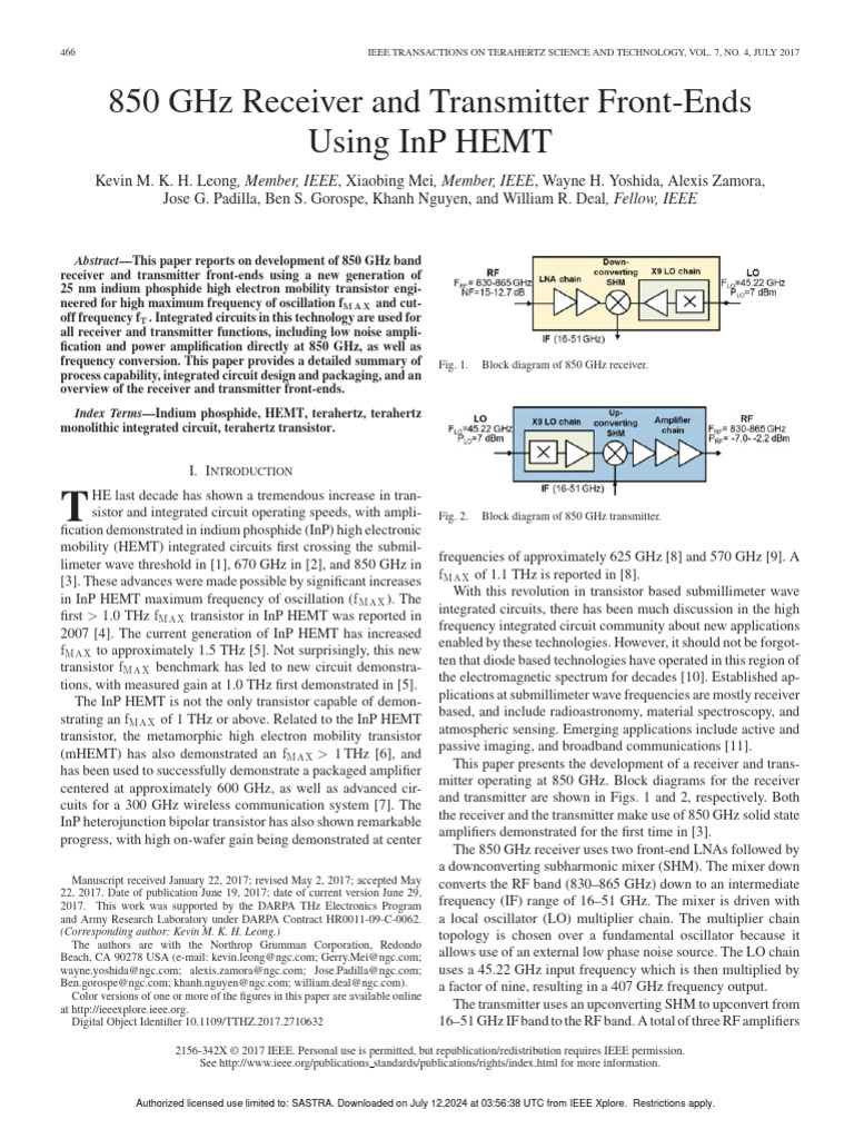 850 GHZ Receiver and Transmitter Front-Ends Using InP HEMT | PDF ...