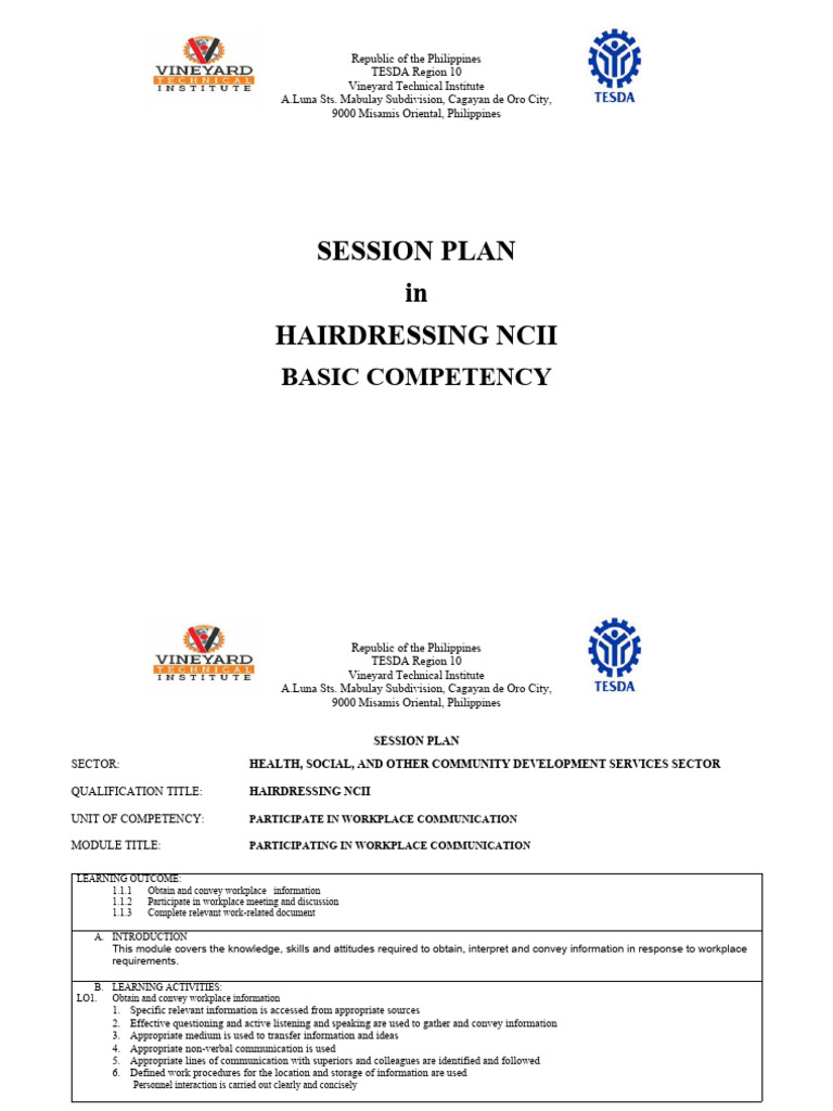 Sessionplan Basiccompetency Hairdressing | PDF | Occupational Safety And Health | Information