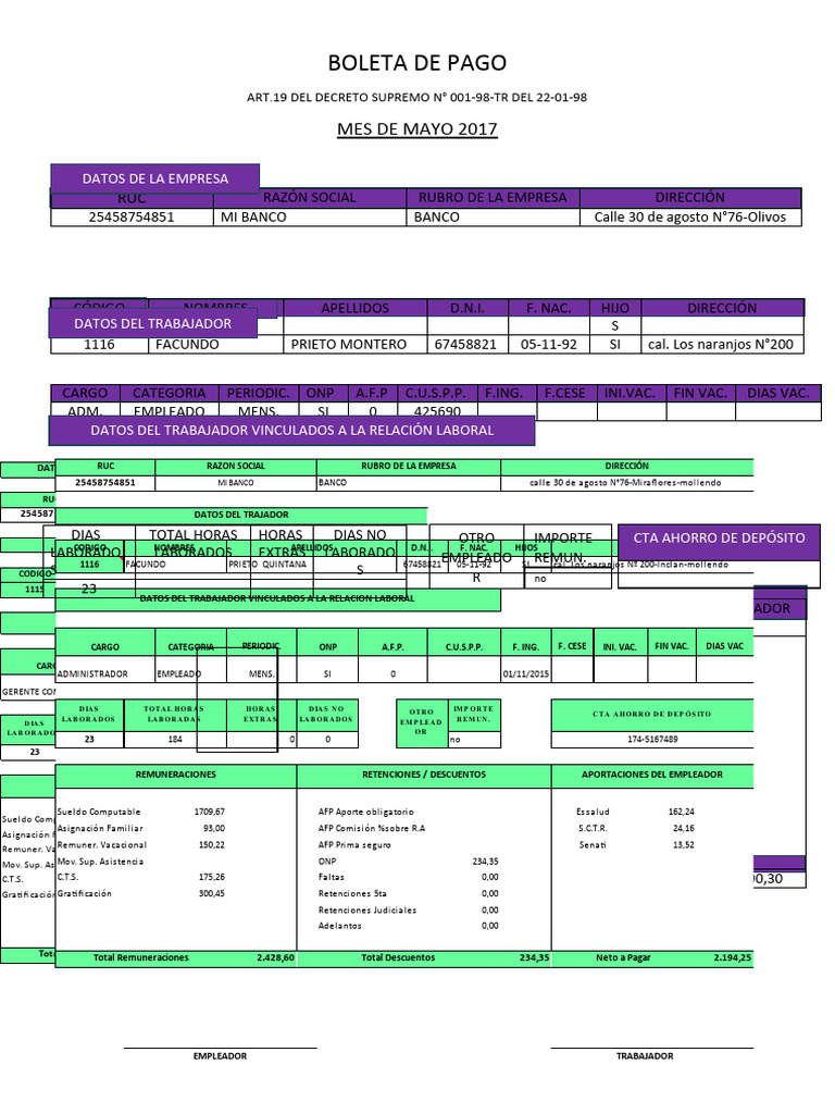 Boleta de Pago: Ejemplo y Detalles | PDF | Pensión | Beneficios para empleados