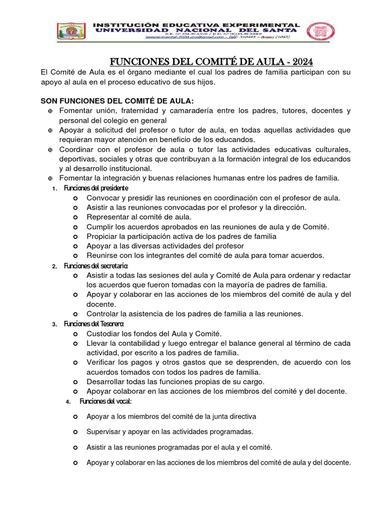 Funciones Del Comité de Aula | Descargar gratis PDF | Maestros | Salón ...