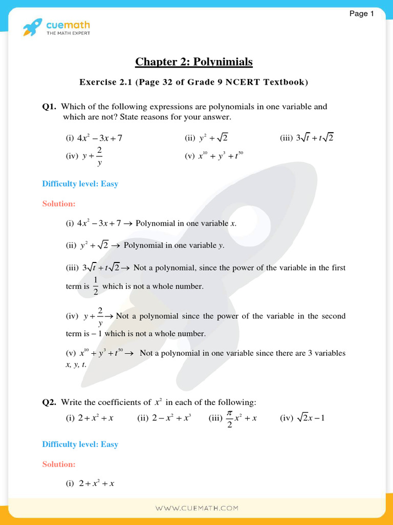 Grade 9 NCERT Polynomials Exercises | PDF | Polynomial | Zero Of A Function