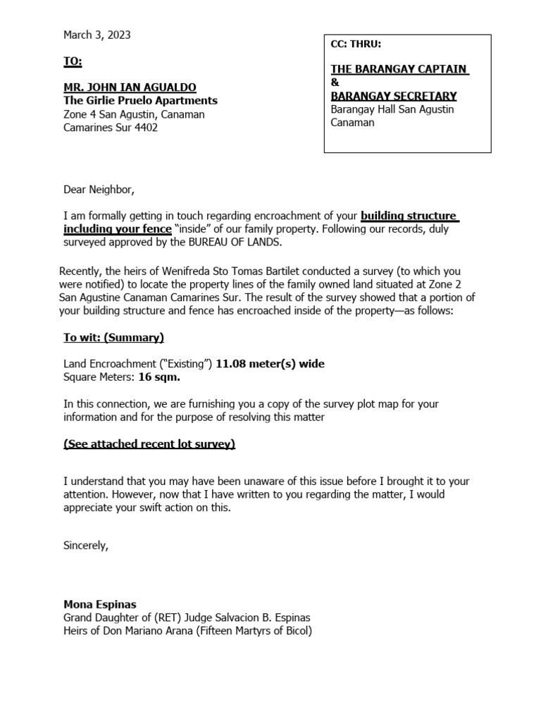 Encroachment Notice Agualdo | PDF