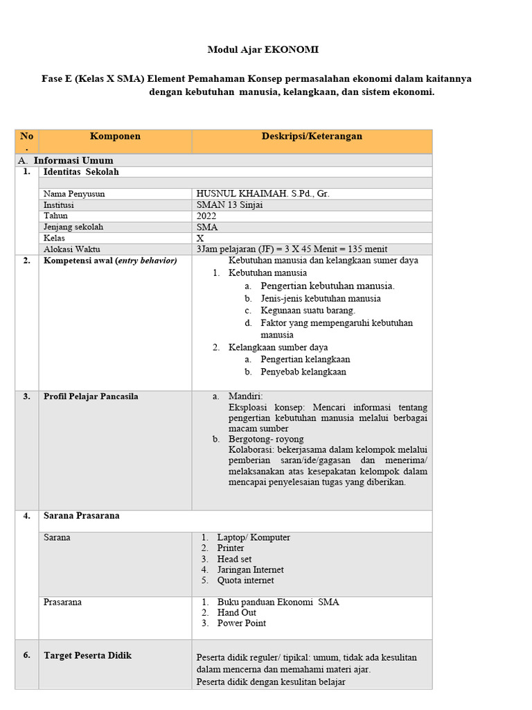 Modul Ajar Ekonomi Kelas X | PDF