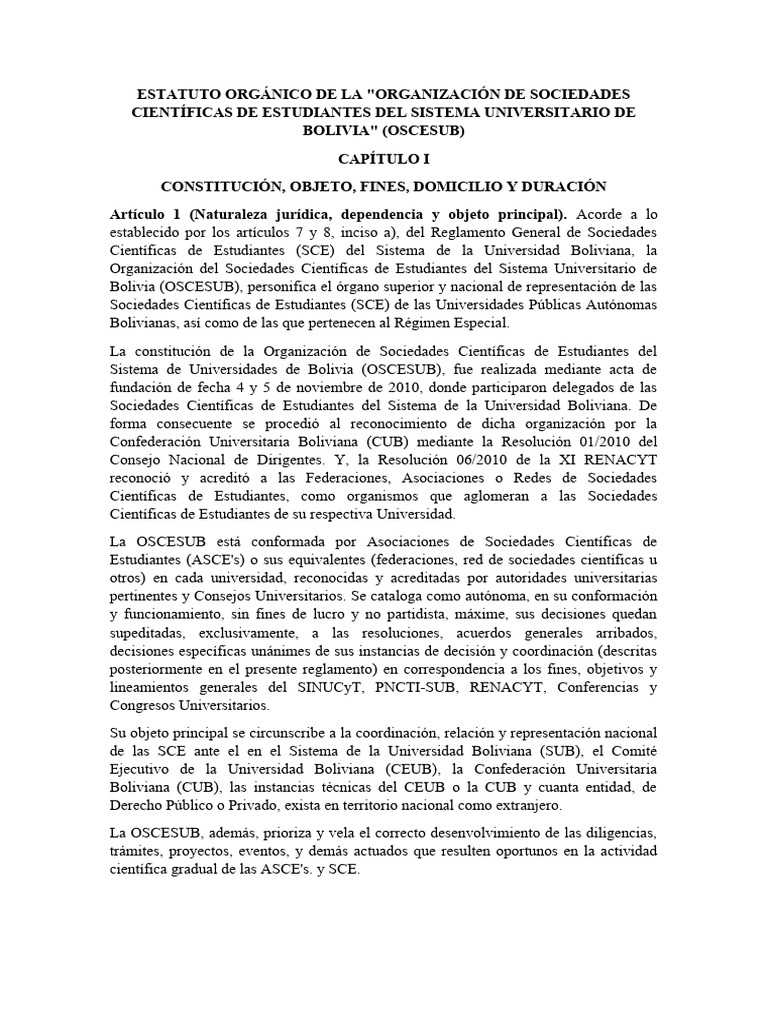 Proyecto de Estatuto Oscesub - Final 18 Sep | PDF | Bolivia | Regulación