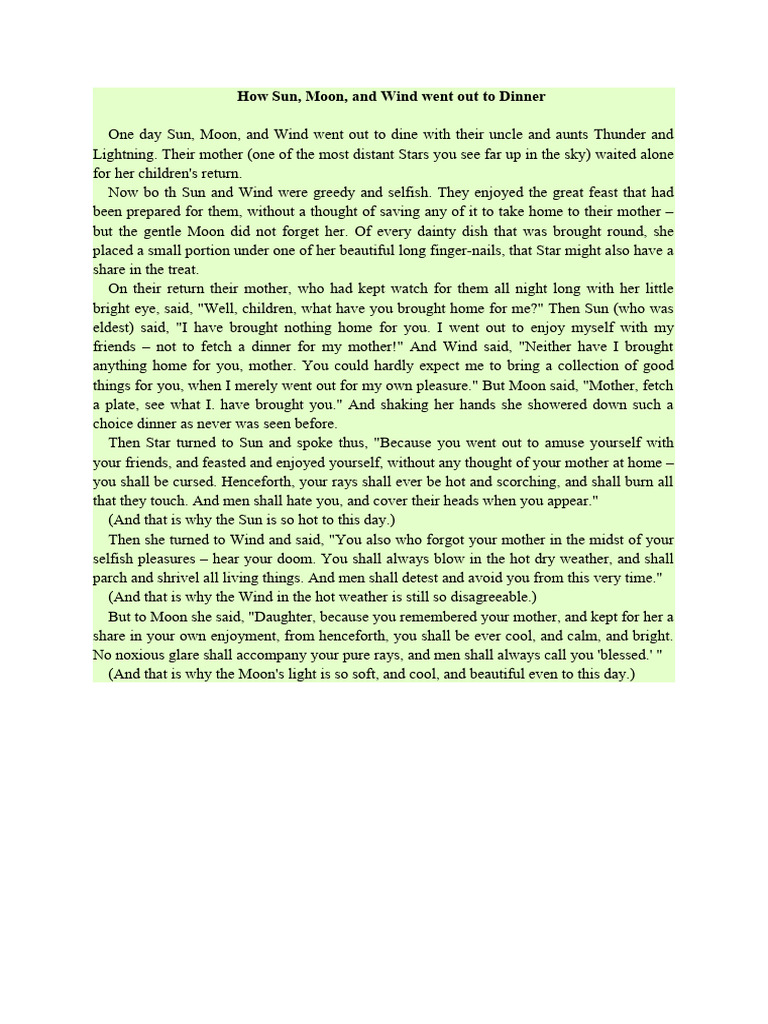 How Sun, Moon, and Wind Went Out To Dinner | PDF