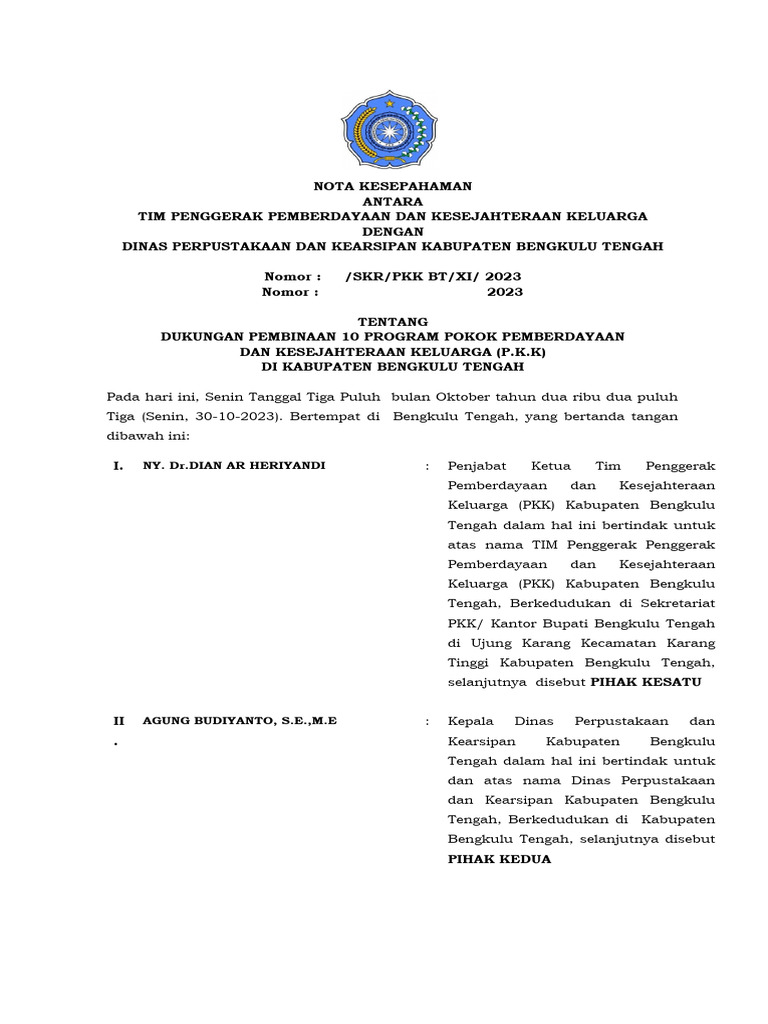 Nota Kesepahaman PKK Dan Opd Perpus | PDF