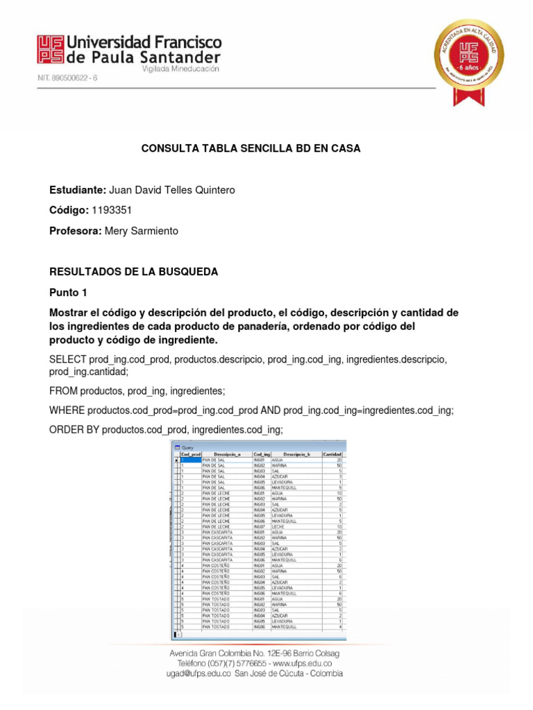 TABLA CONSULTA SENCILLA BD EN CASA - David Telles | PDF