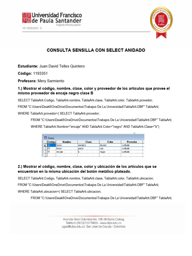 CONSULTA SENCILLA CON SELECT ANIDADO - DAVID TELLES - | PDF