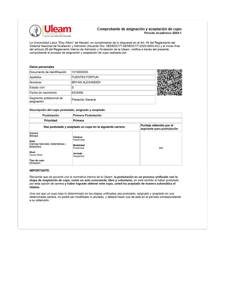 Comprobante de Asignación y Aceptación de Cupo | PDF