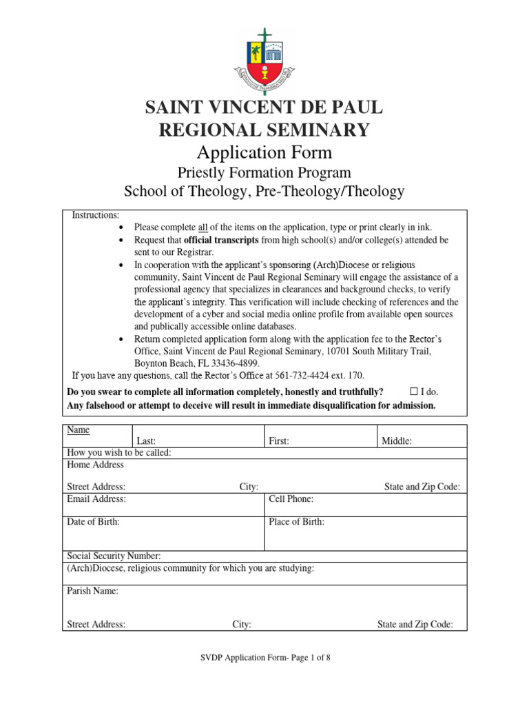 SVDP Priestly Formation Application Form | PDF | Seminary | Marriage
