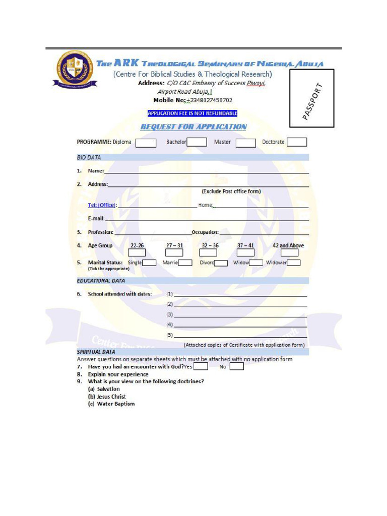 The Ark Seminary - Admission FORM | PDF