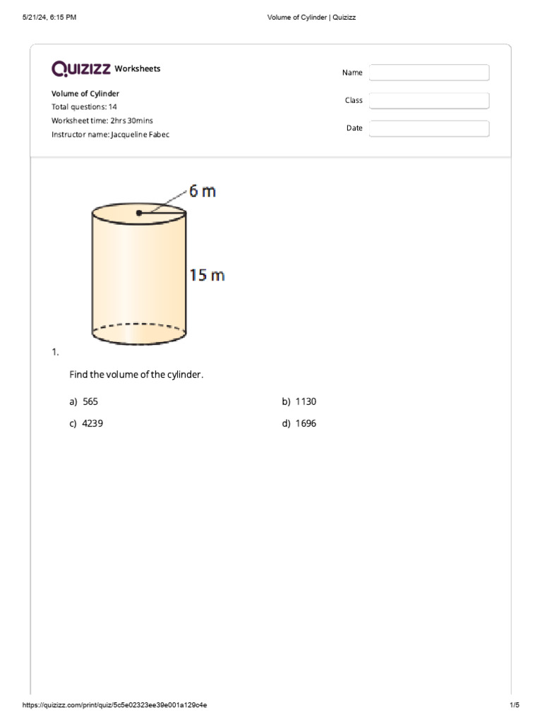 Volume of Cylinder - Quizizz | PDF | Volume | Geometry
